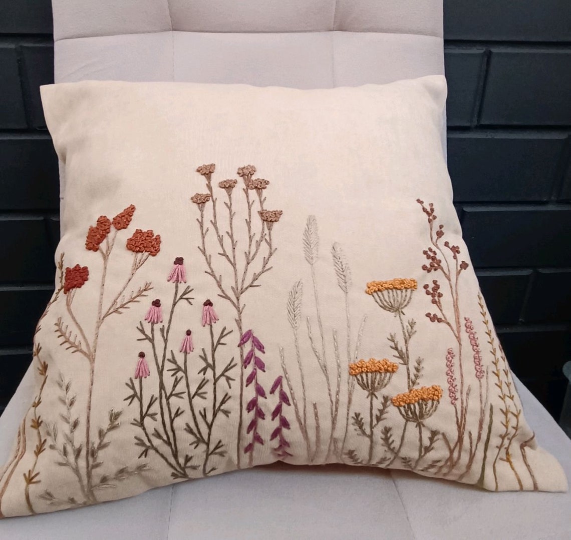Interior Pillow With Hand Embroidery Botanica, Handmade Cushion Cover ...
