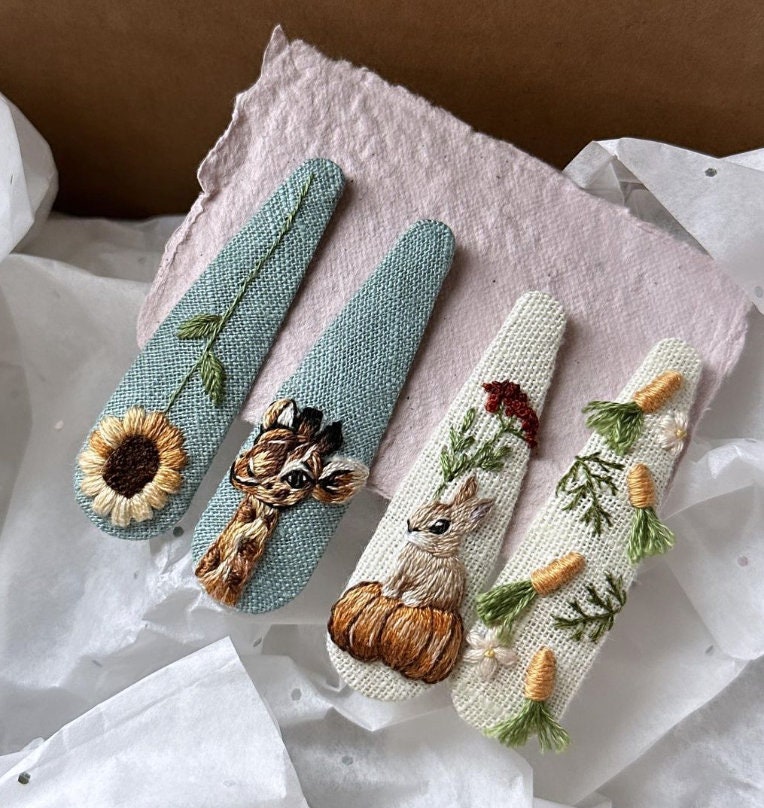 Animals Hair Clip for Girls, Embroidery Tear Drop Hair Clip, Hand ...