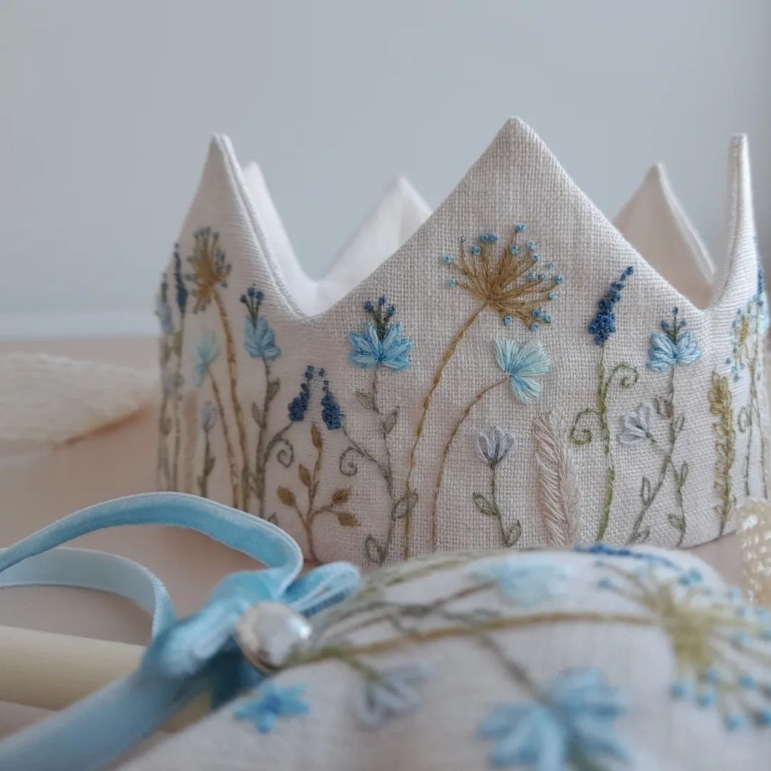 Wildflowers Birthday Party Crown, Personalized Hand Embroidered Linen ...