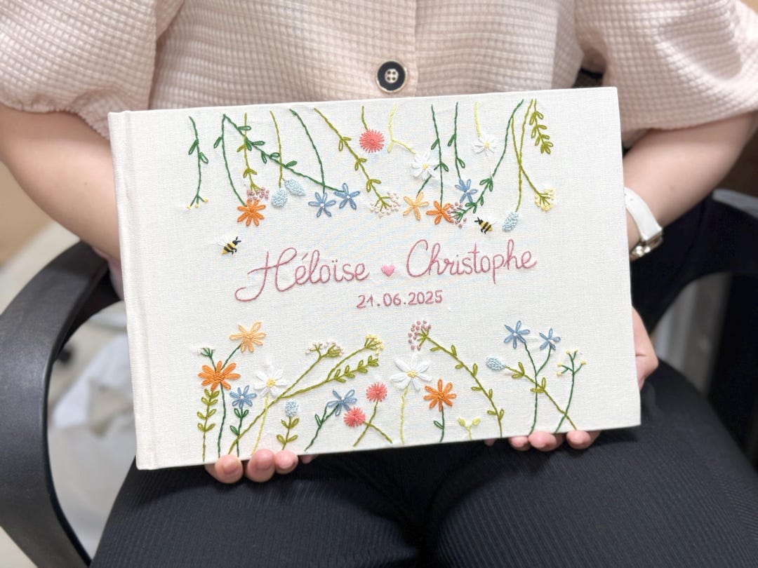 Custom Embroidered Linen Wedding Guest Book, Personalized A4 Landscape ...