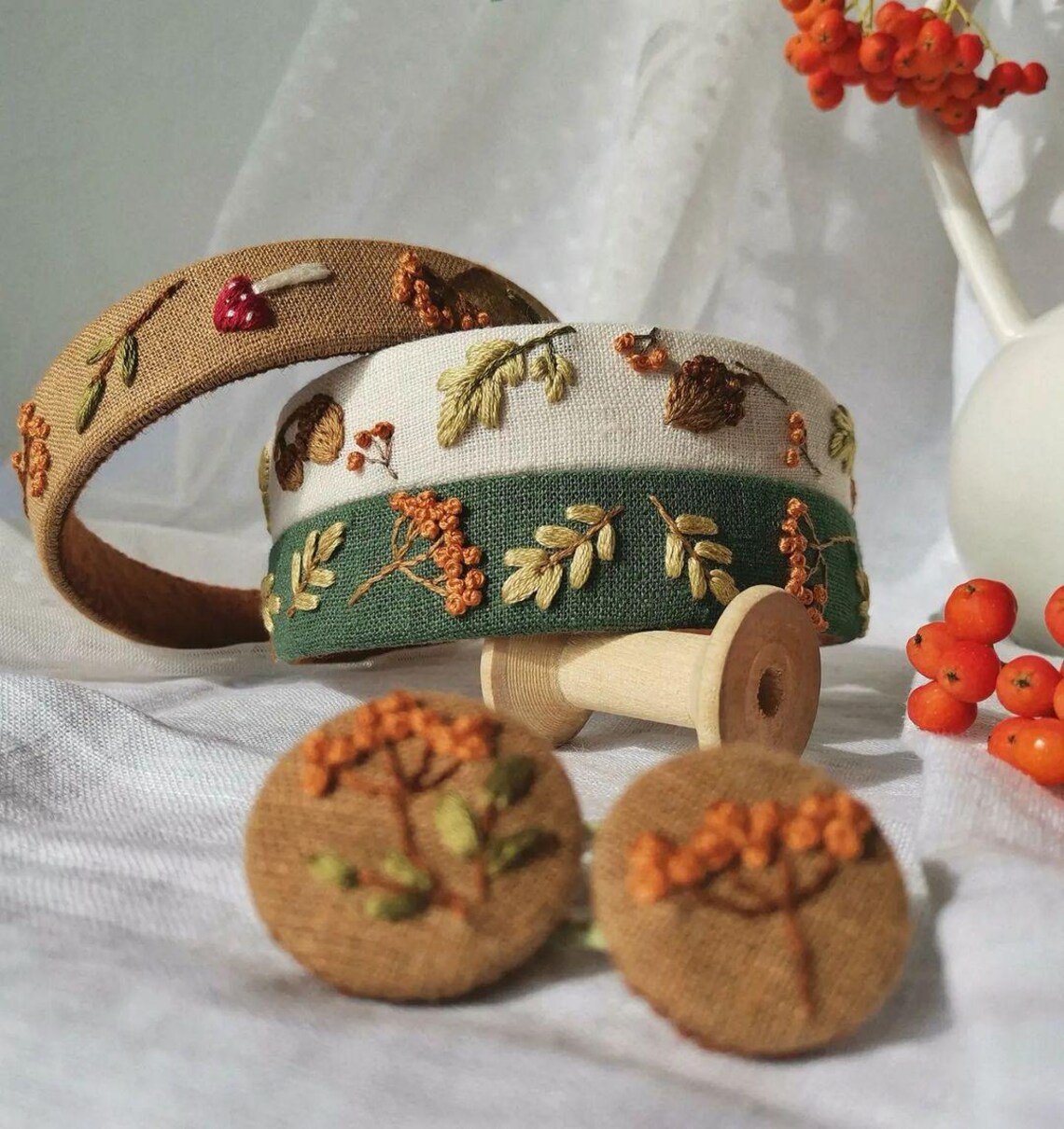 Autumn Linen Embroidered Headband, Handmade Hair Headband With Flower ...