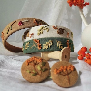 Autumn Linen Embroidered Headband, Handmade Hair Headband With Flower ...