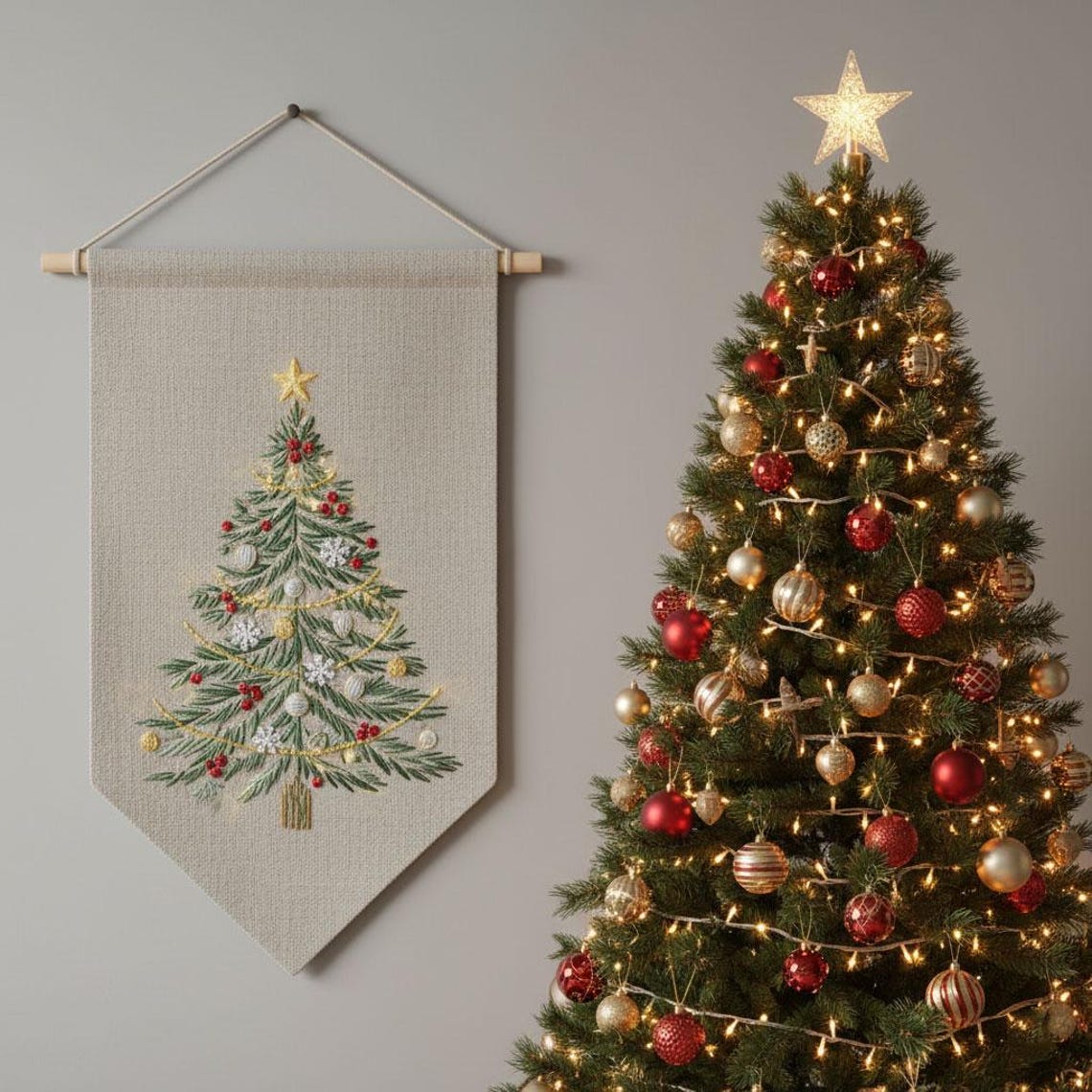 Christmas Tree Hand Embroidered Banner, Custom Holiday Linen Flag ...