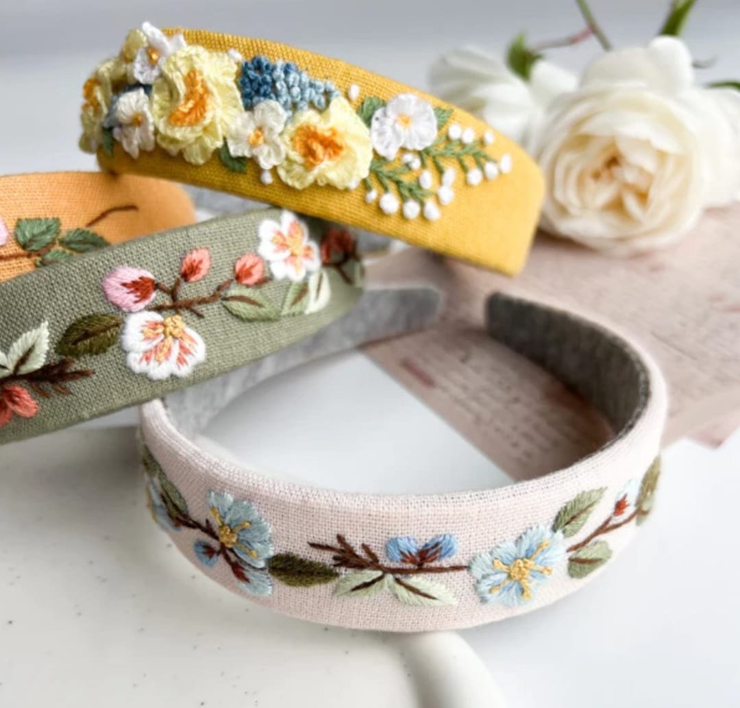 Roseum Linen Embroidery Headband, Handmade Hair Headband With Flower ...