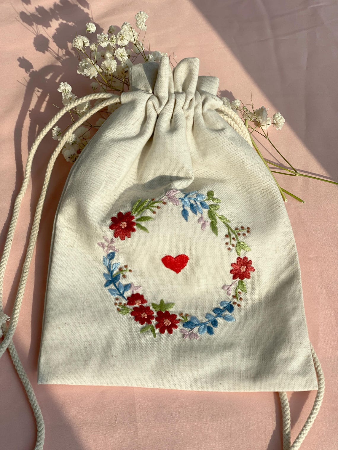 Flower Wreath Embroidery Drawstring Bag, Linen Gift Wrapping, Handmade ...