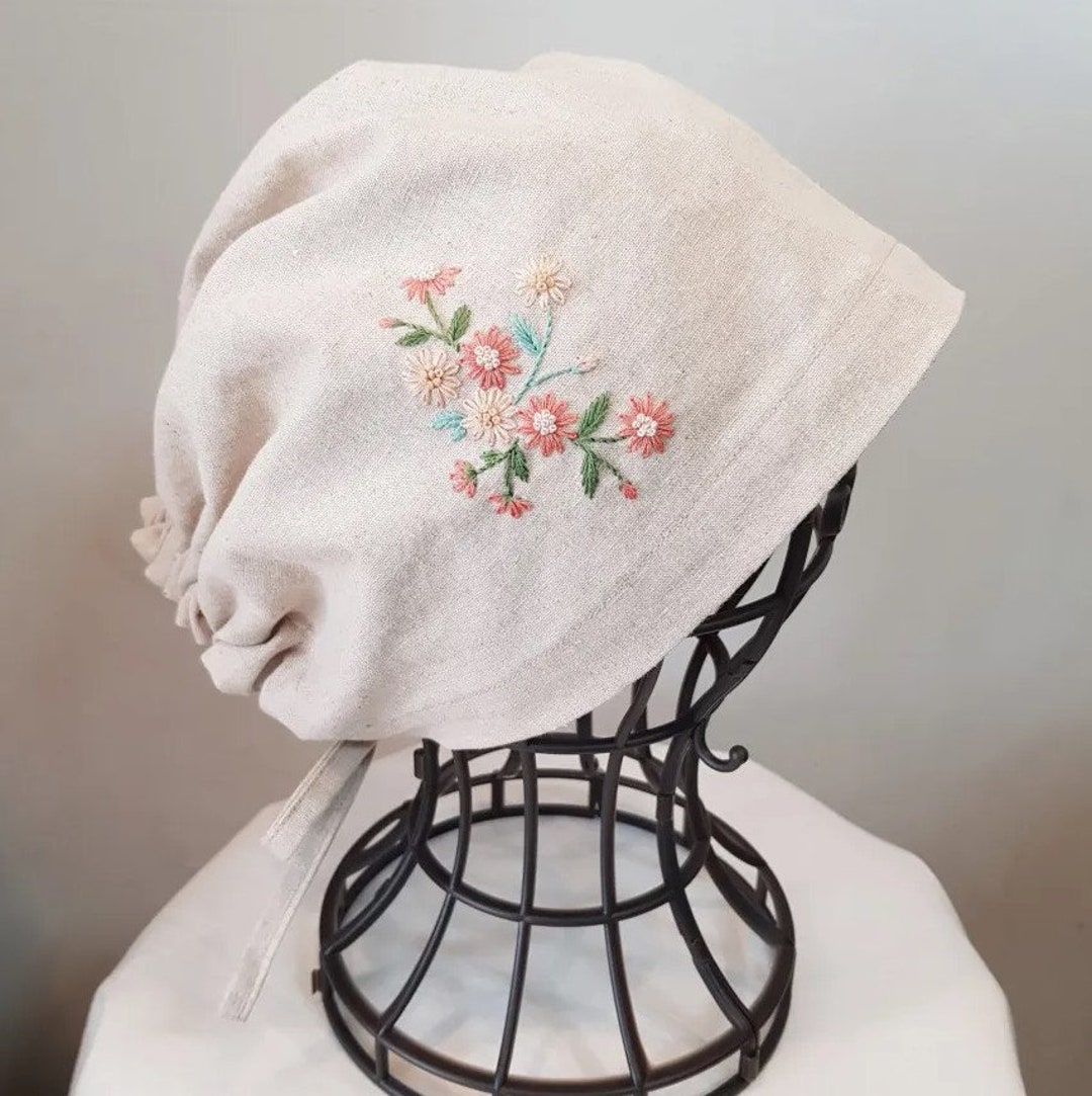 Pastel Chamomile Embroidery Kitchen Bandana, Handmade Linen Bandana ...