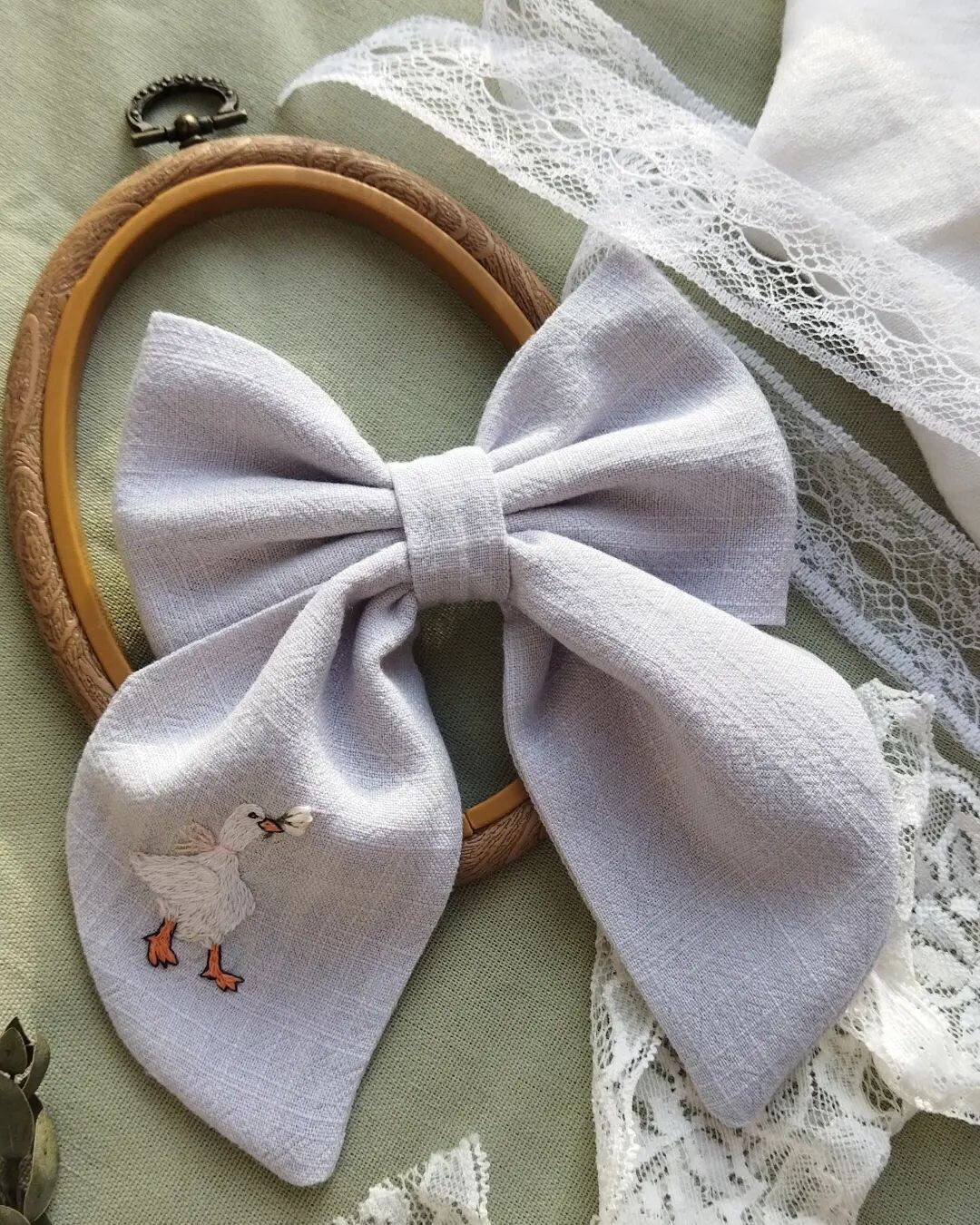 Goose Embroidery Linen Hair Bow, Handmade Hair Bow With Embroidery ...