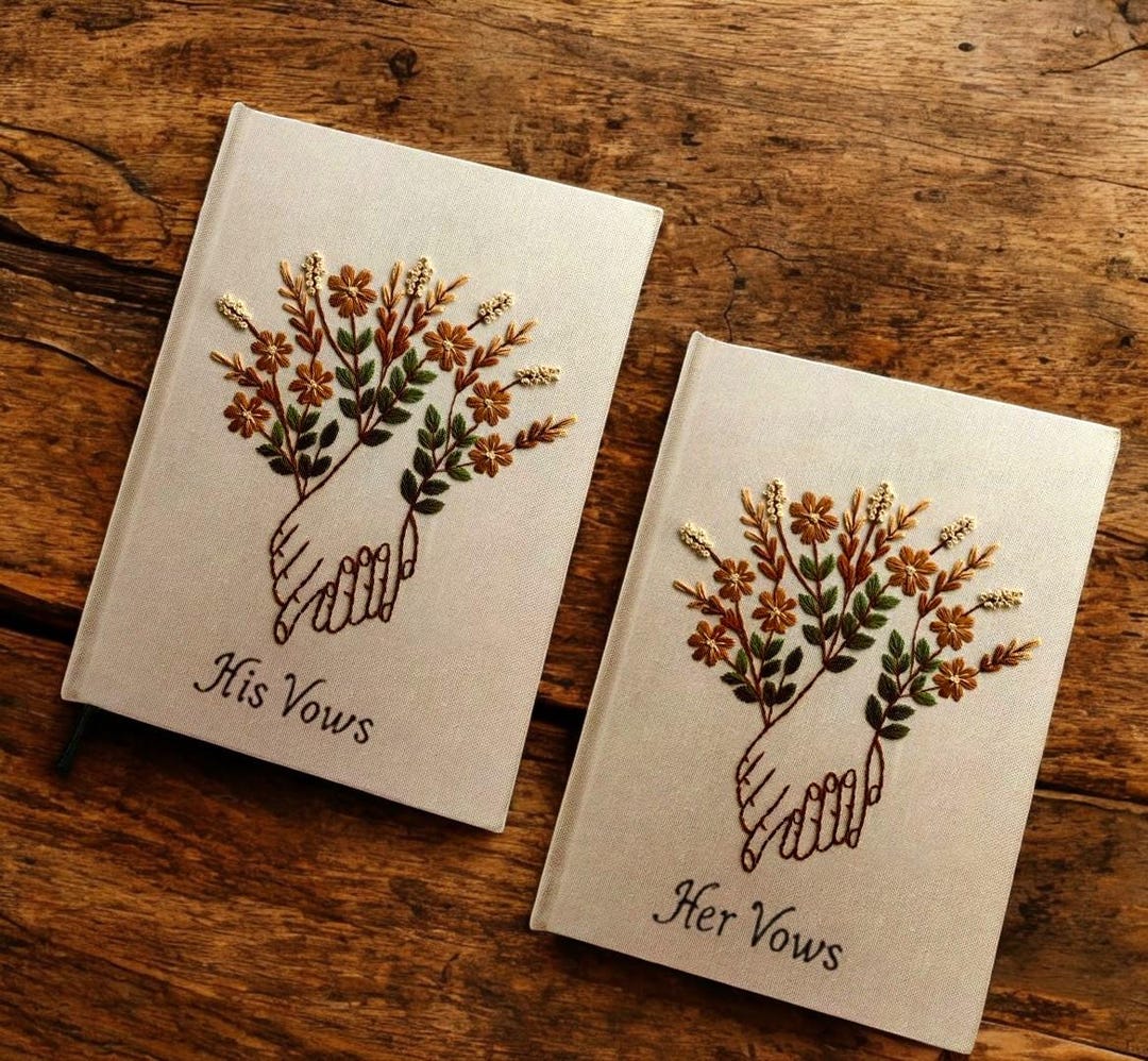 Personalized Hand Embroidered Vow Books, Hand Embroidered Linen Cover ...