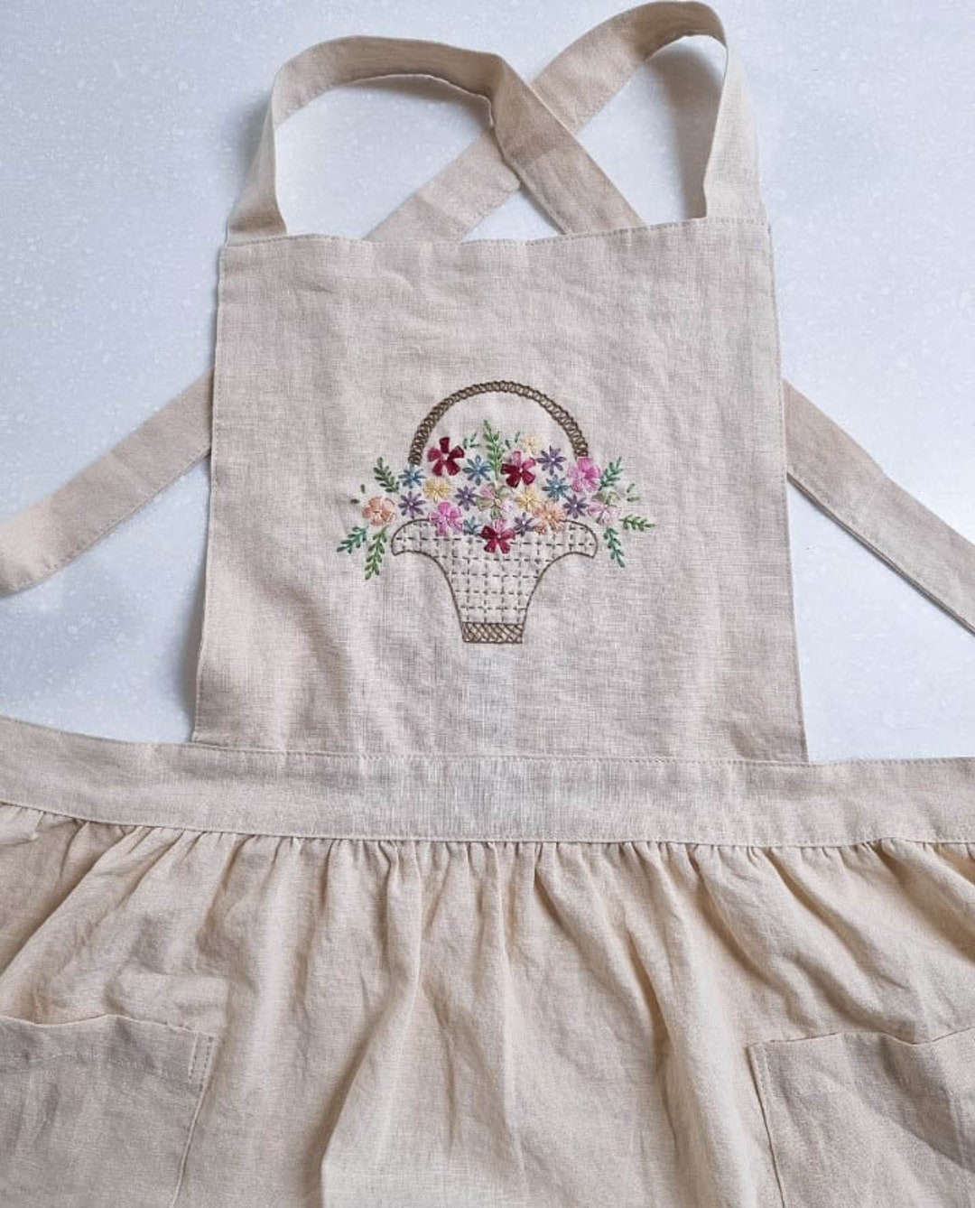 Flower Basket Embroidery Apron for Women, Hand-embroidered Linen Apron ...