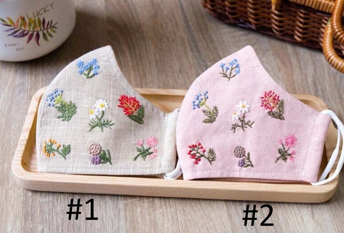 Flower Embroidery Face Masks, Hand Embroidered Linen Face Mask, Floral ...