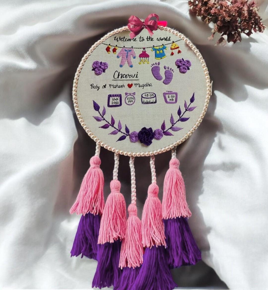 Baby Birth Details Hoop With Tassels, Newborn Announcement Hoop, Hand ...