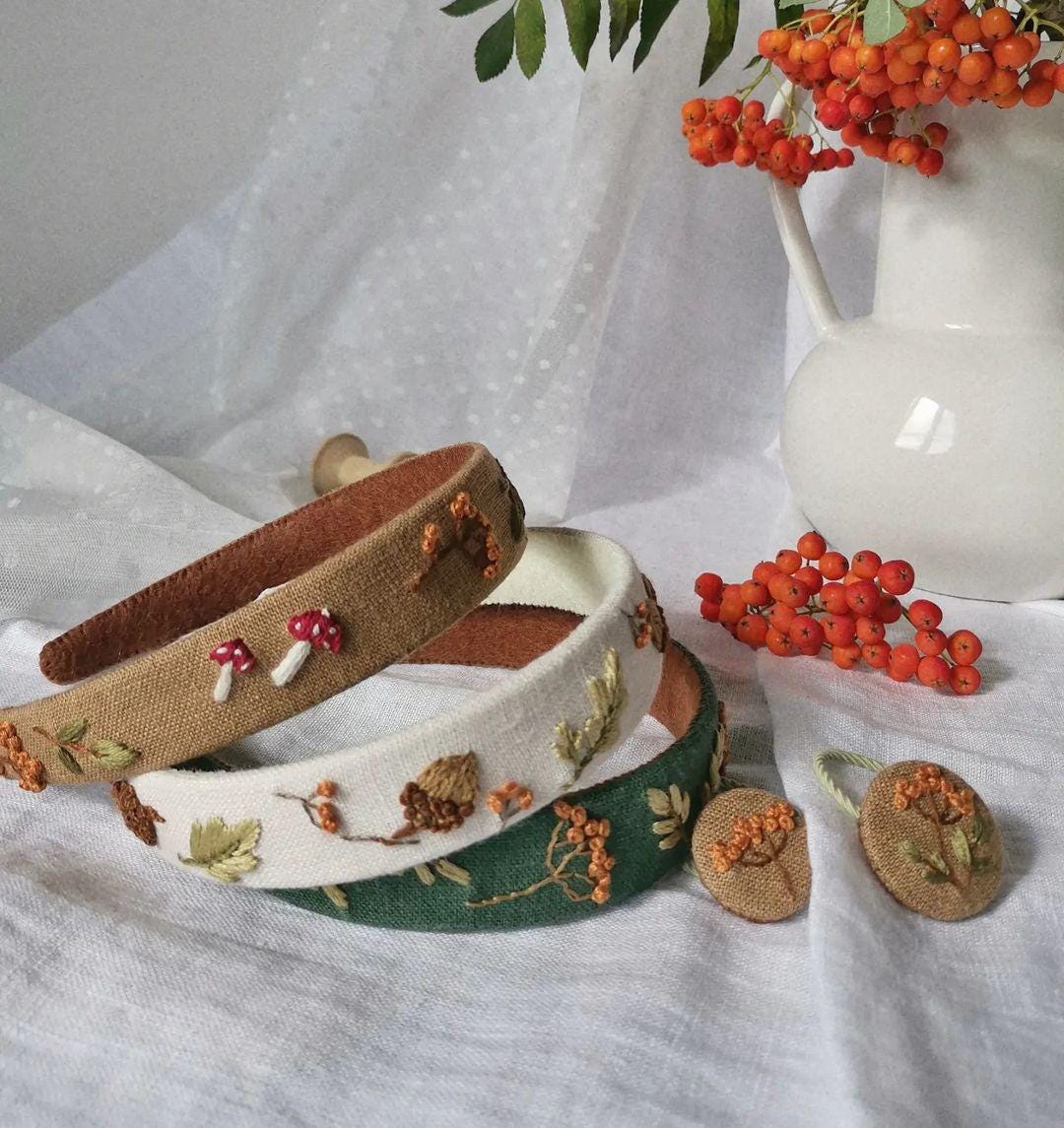 Autumn Linen Embroidered Headband, Handmade Hair Headband With Flower ...