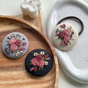 French Flower Blossom Embroidery Button Hair Tie, Hand Embroidered ...