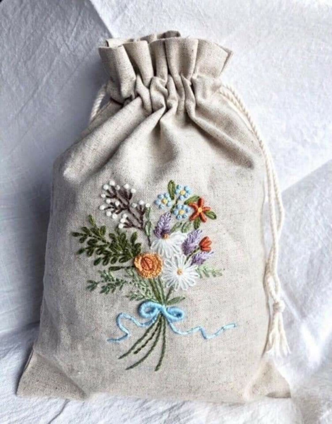 Flower Bouquet Embroidery Drawstring Bag, Linen Gift Wrapping, Handmade ...