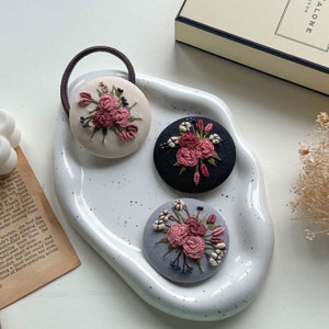 French Flower Blossom Embroidery Button Hair Tie, Hand Embroidered ...