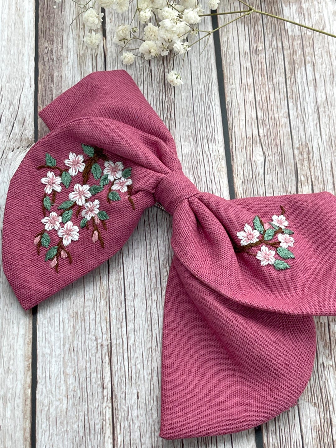 Cherry Blossom Embroidery Linen Hair Bow for Girls, Cute Hair ...