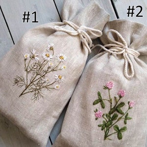 Flower Embroidery Drawstring Bag, Linen Gift Wrapping, Handmade ...