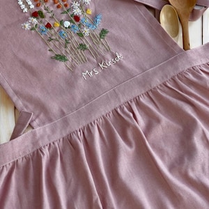 Personalized Natural Embroidered Floral Apron With Lace Trim, Hand Embroidered Apron, Flower ...