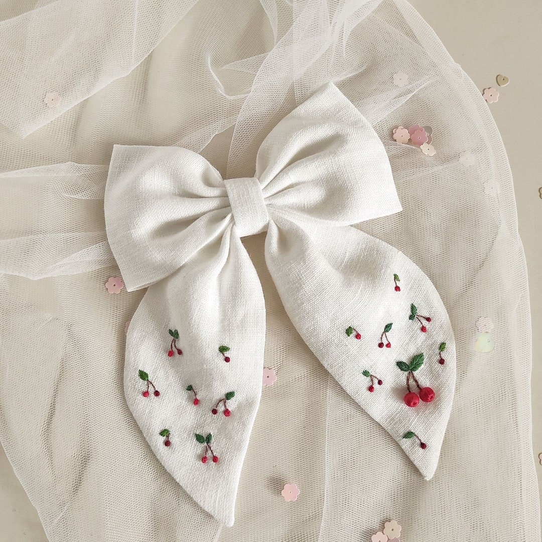 Cherry Embroidery Linen Hair Bow for Girls, Cute Hair Accessories ...