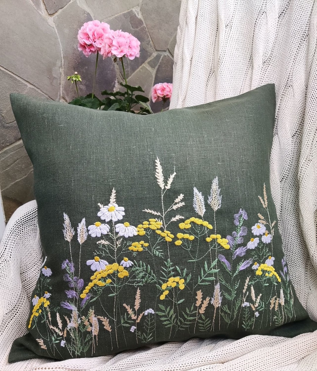 Flower Garden Embroidery Decorative Pillowcase, Handmade Cushion Cover ...