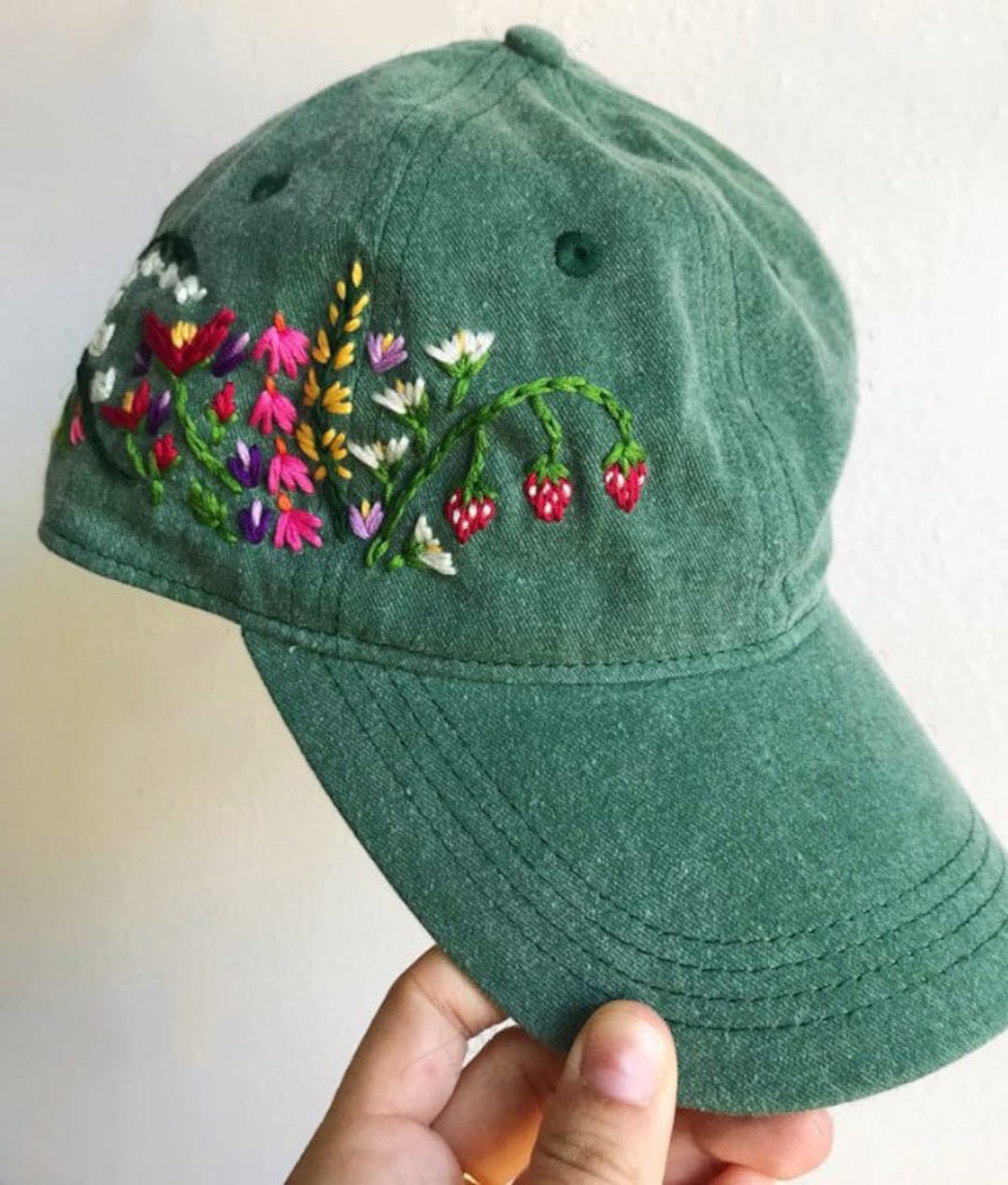 Strawberry and Flower Hand Embroidered Baseball Hat for Women ...