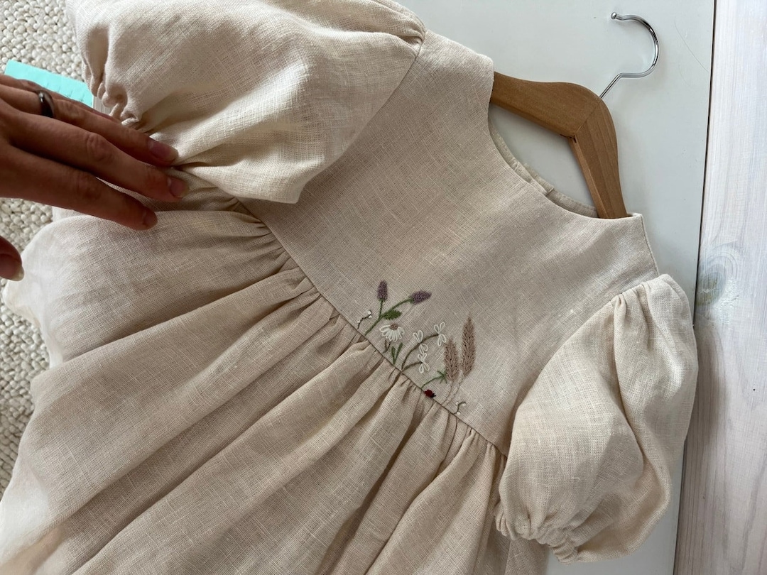 Linen Dress With Hand Embroidery, Girls Soft Linen Dress, Toddler Linen ...