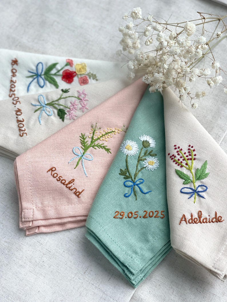 Custom Hand Embroidered Linen Handkerchief With Flowers & Bees ...