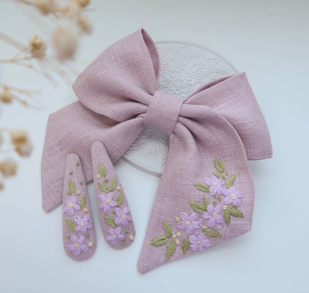 Delicate Flowers Embroidery Linen Bow, Hand Embroidered Hair Bow ...