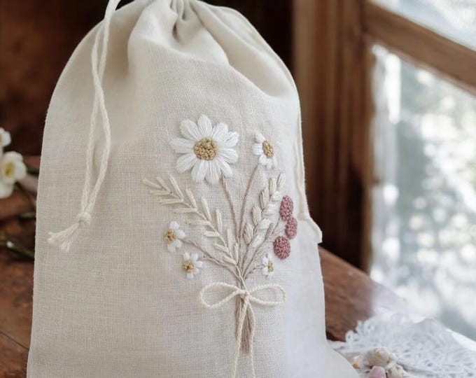Flower Embroidery Drawstring Bag, Linen Gift Wrapping, Handmade ...