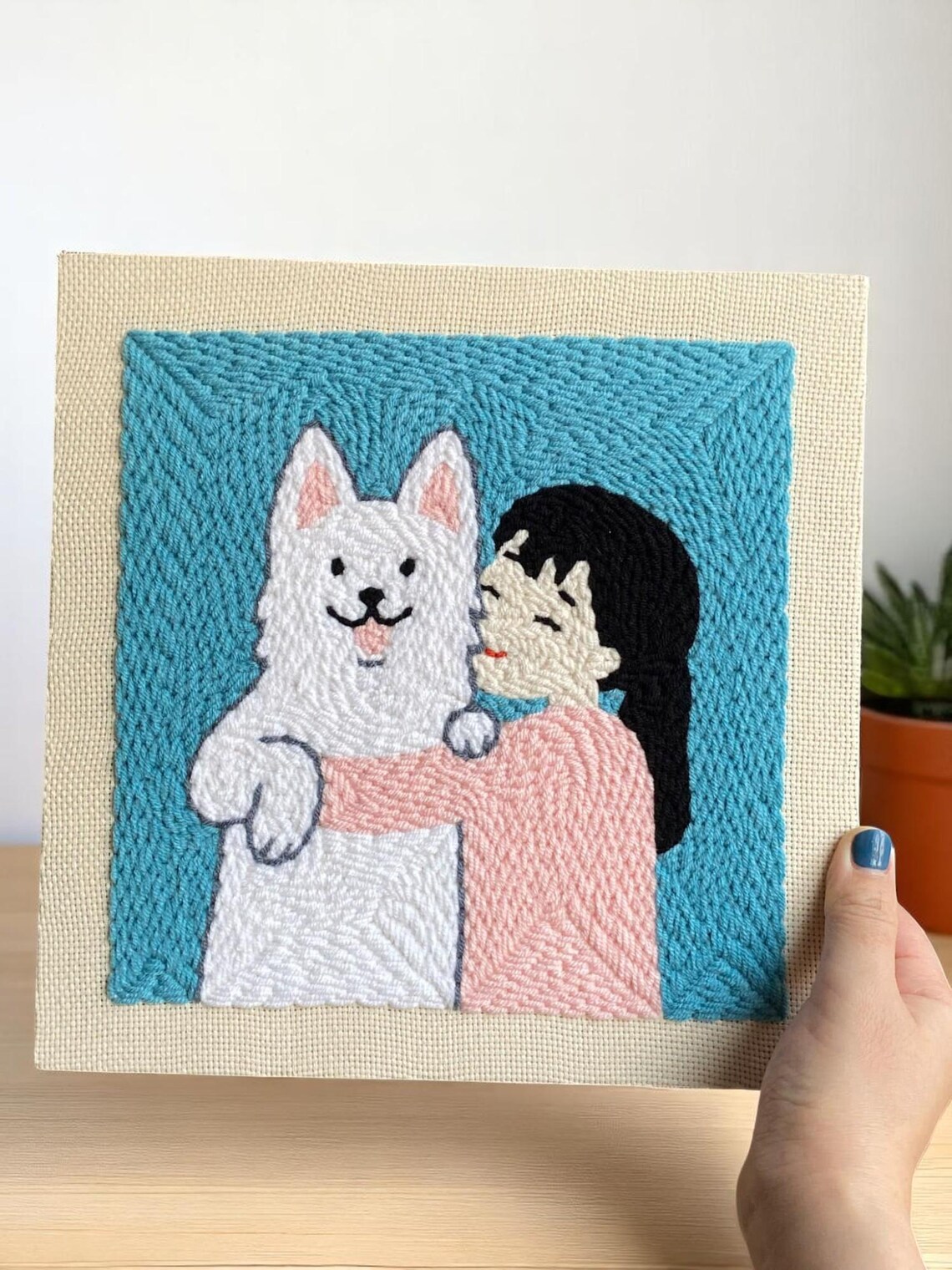 Personalized Punch Needle Human and Pet Portrait –handmade Framed Gift ...
