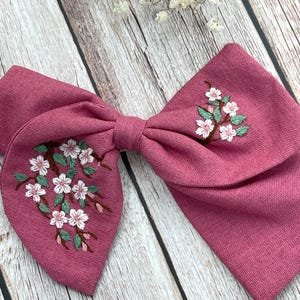 Cherry Blossom Embroidery Linen Hair Bow for Girls, Cute Hair ...