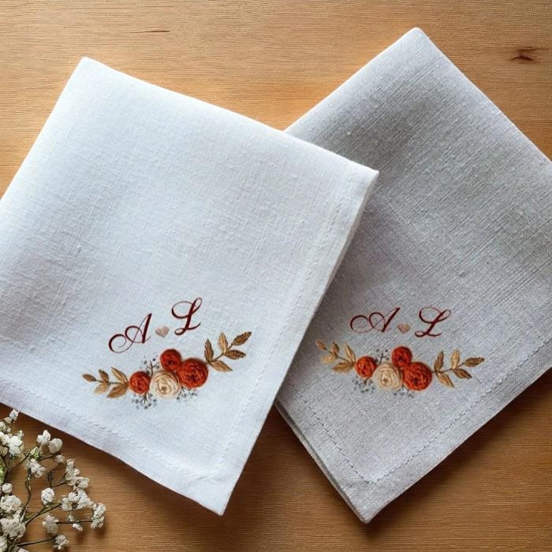 Personalized Floral Linen Bridal Handkerchiefs, Hand Embroidered ...