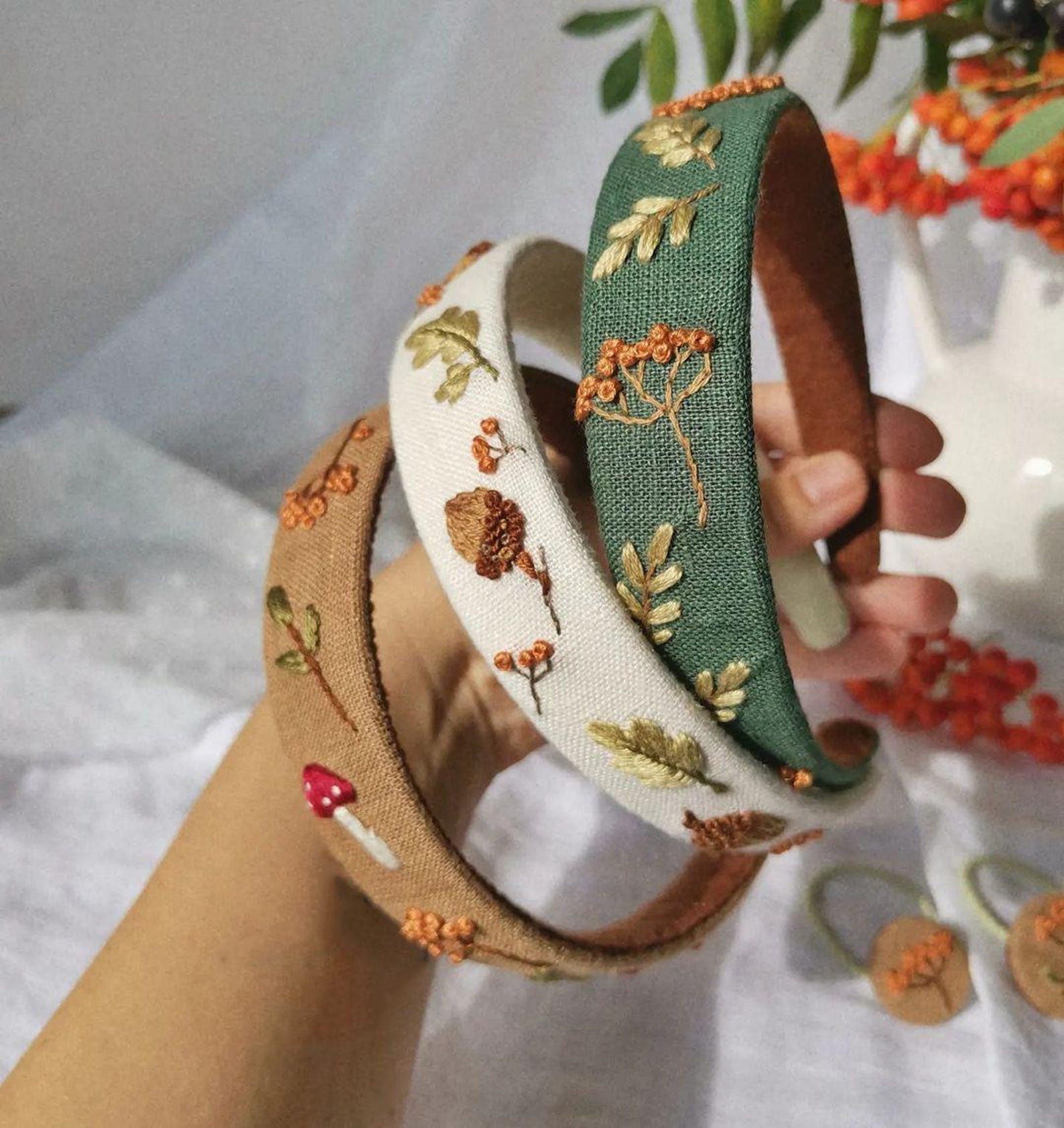Autumn Linen Embroidered Headband, Handmade Hair Headband With Flower ...