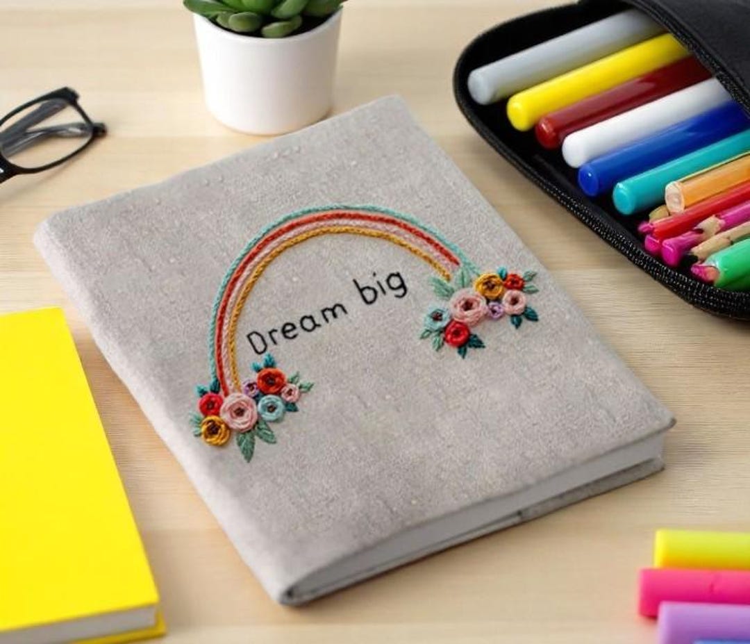 Rainbow Linen Book Cover, Hand Embroidered Student Cover, Custom Fabric ...