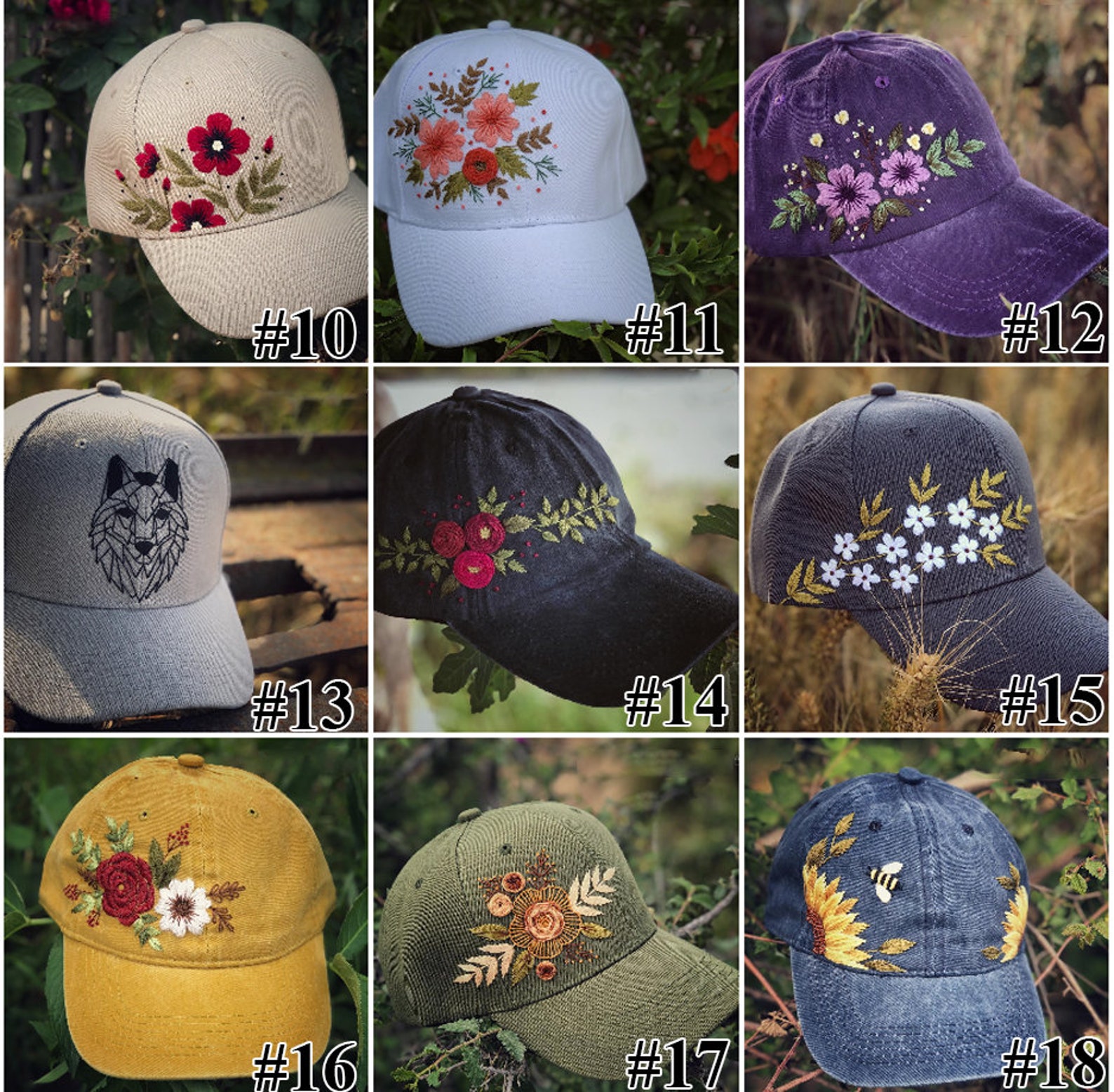 Vintage Flowers Embroidered Denim Cap, Hand Embroidered Baseball Hat, Handmade Beach Hat, Sun ...