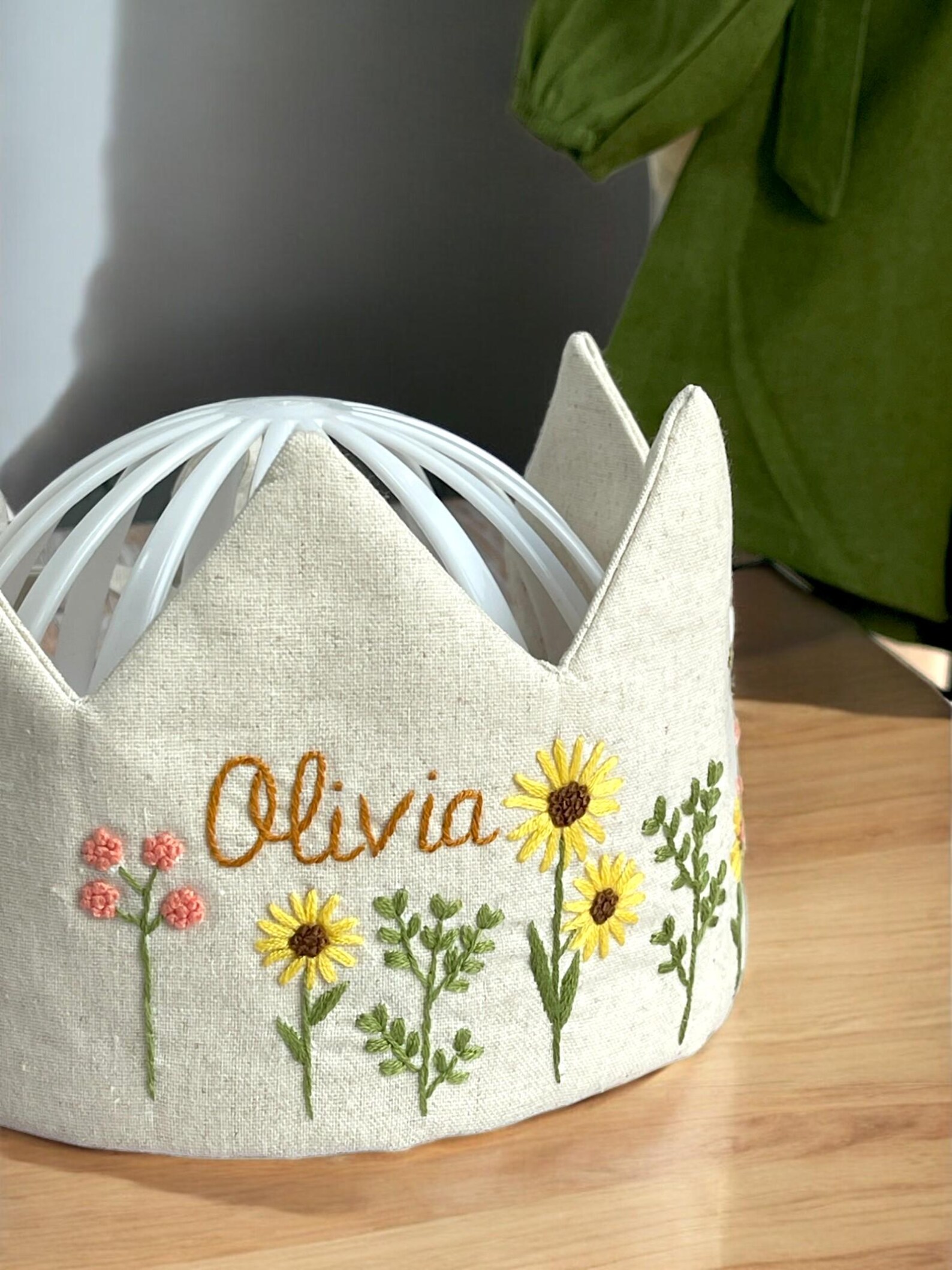 Personalized Hand Embroidered Linen Crown for Birthdays, Custom Flowers ...
