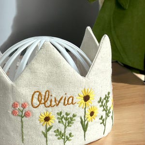 Personalized Hand Embroidered Linen Crown for Birthdays, Custom Flowers ...
