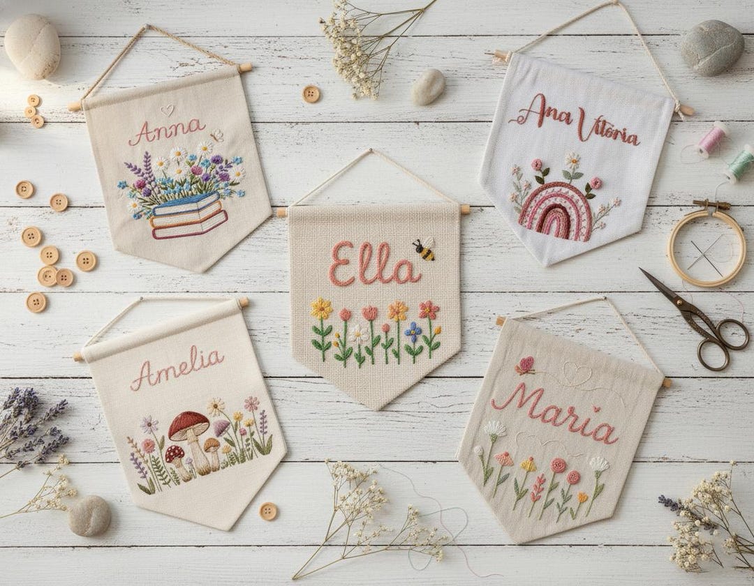 Custom Name Embroidery Wall Hanging Banner, Hand Embroidered Linen Flag ...