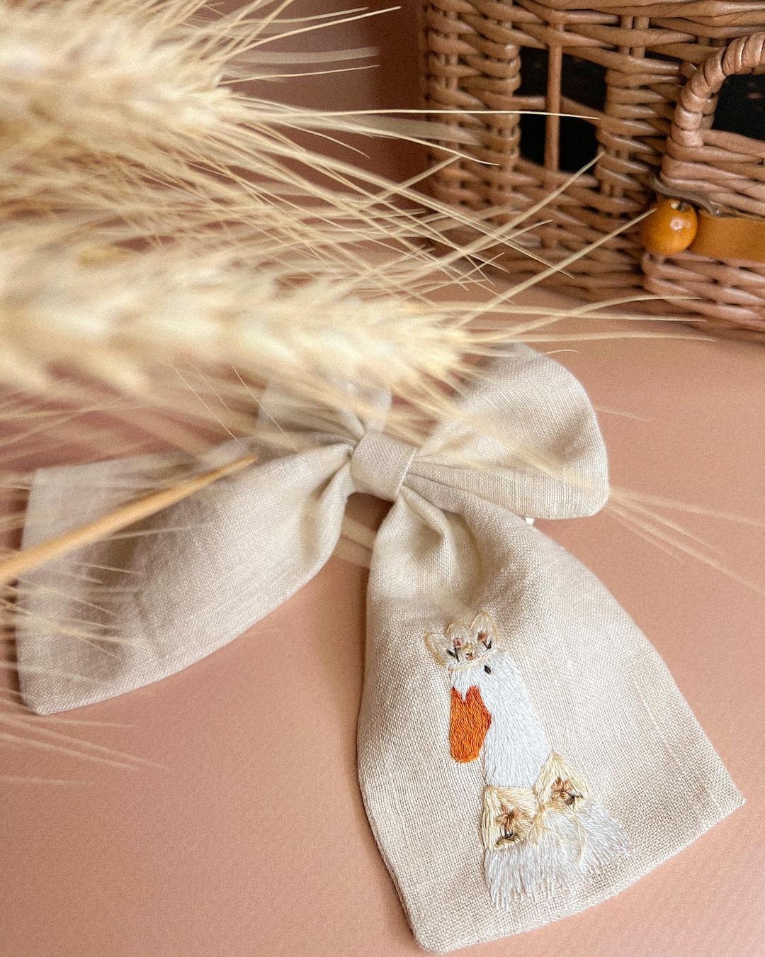 The Crowned Goose Embroidery Linen Hair Bow, Handmade Hair Bow With ...