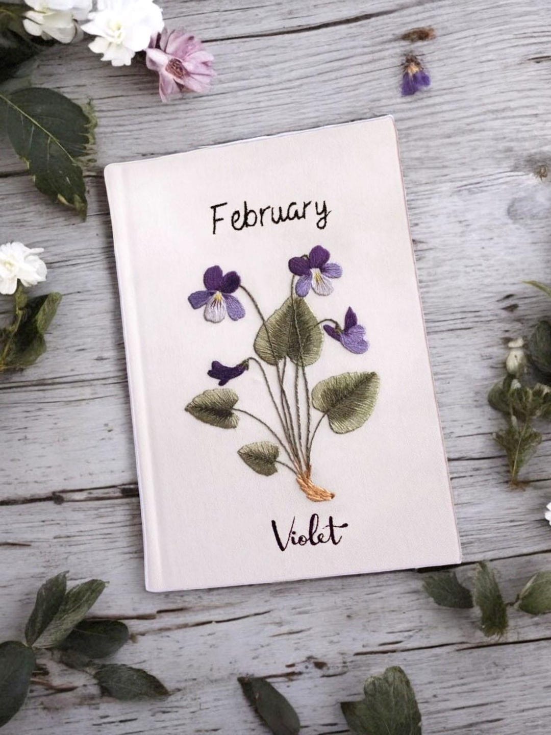 Custom Name Embroidered Notebook Violet, February Birth Month Flower ...