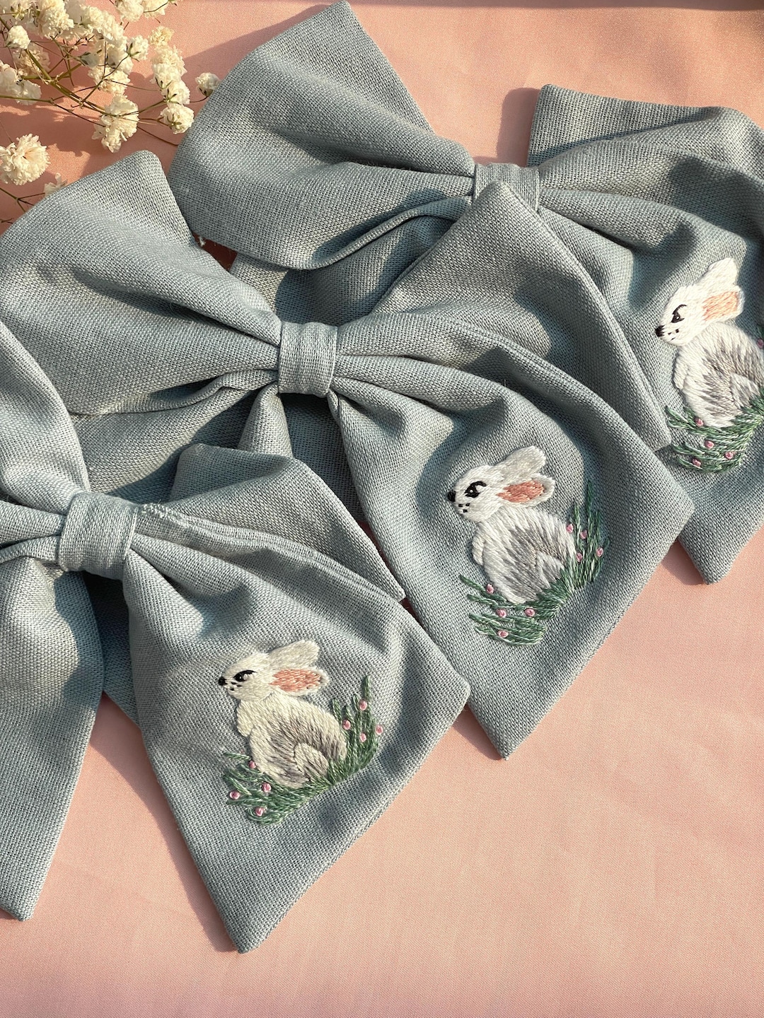 Embroidered Bunny Linen Hair Bow, Cute Bunny Bows, Easter Rabbit Hair ...