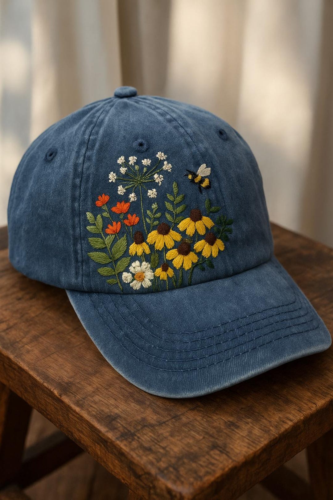 Vintage Sunflower & Bee Hand Embroidered Baseball Hat for Women ...