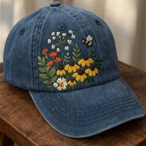 Vintage Sunflower & Bee Hand Embroidered Baseball Hat for Women ...