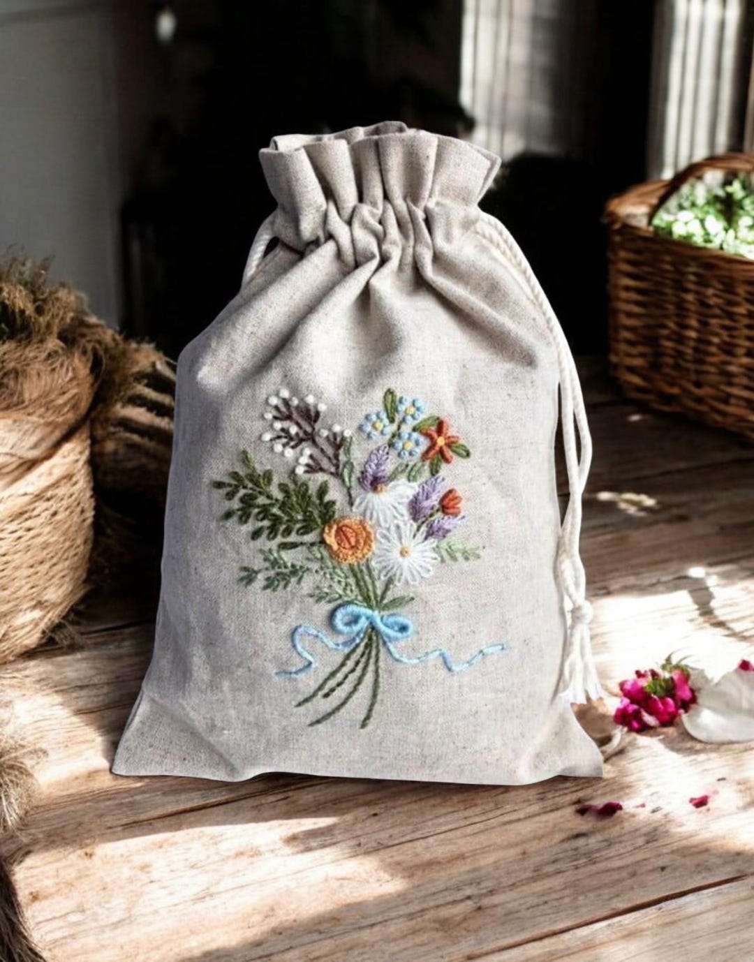 Flower Bouquet Embroidery Drawstring Bag, Linen Gift Wrapping, Handmade ...