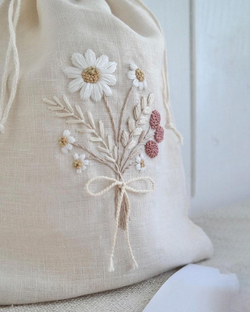 Embroidered Flower Bouquet Drawstring Bag, Linen Gift Wrapping ...
