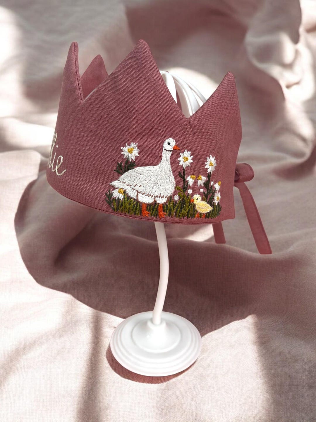 Personalized Mother Goose Birthday Party Crown, Hand Embroidered Linen ...