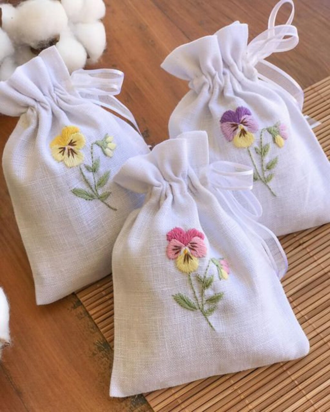Linen Gift Bag With Flower Embroidery, Linen Gift Wrapping, Handmade ...