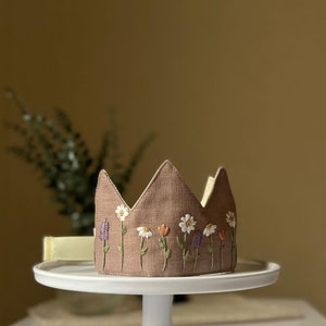 Floral Embroidery Birthday Party Crown, Hand Embroidered Linen Crown ...
