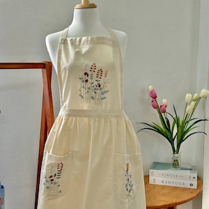 Personalized Natural Embroidered Floral Apron With Lace Trim, Hand Embroidered Apron, Flower ...