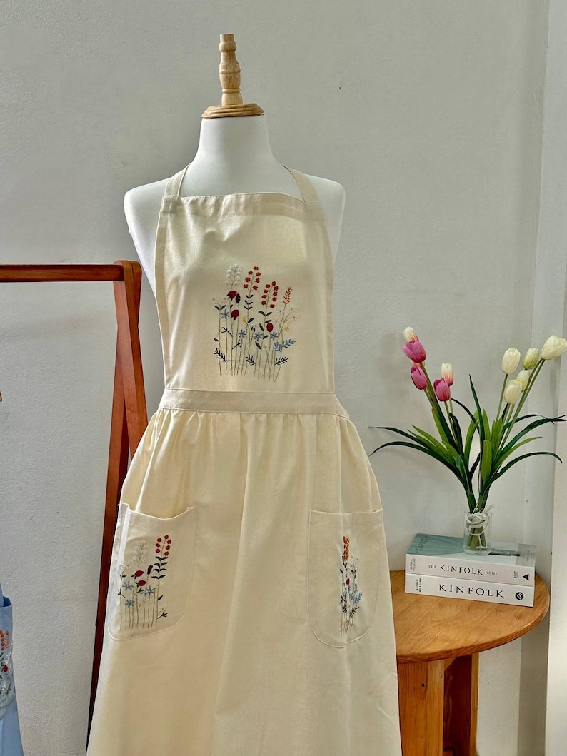 Personalized Vintage Style Wildflower Hand Embroidered Linen Apron With ...